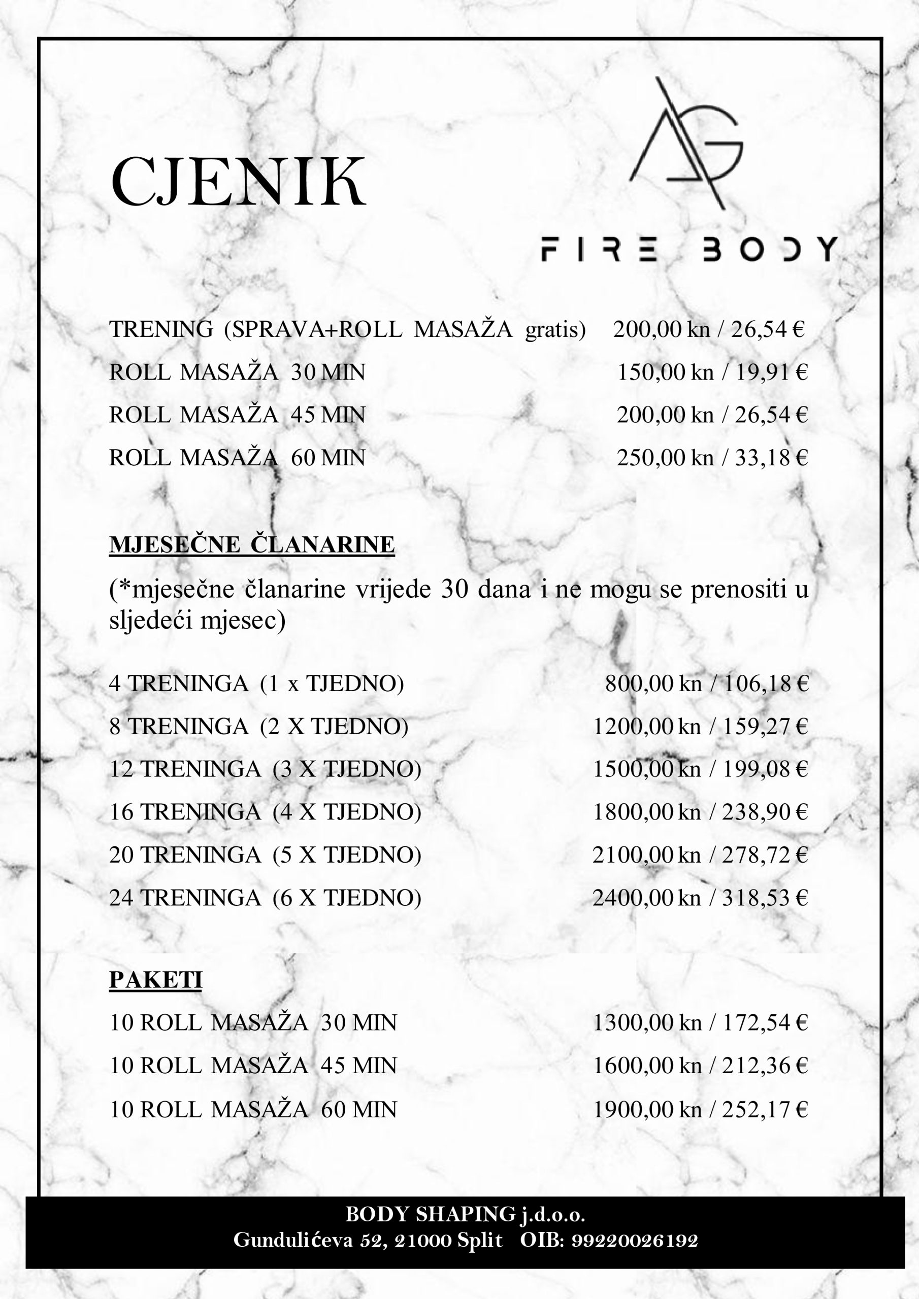 Cjenik | Fire Body Strožanac